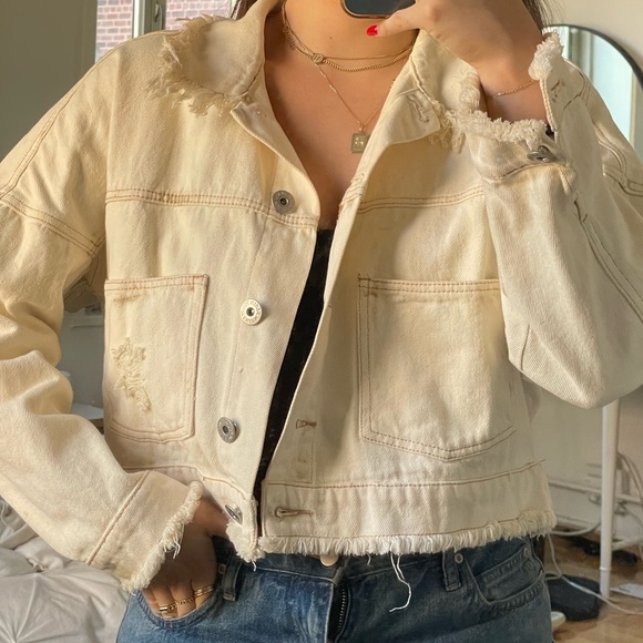 POL | Jackets & Coats | Distressed Acid Wash Cream Denim Jacket | Poshmark